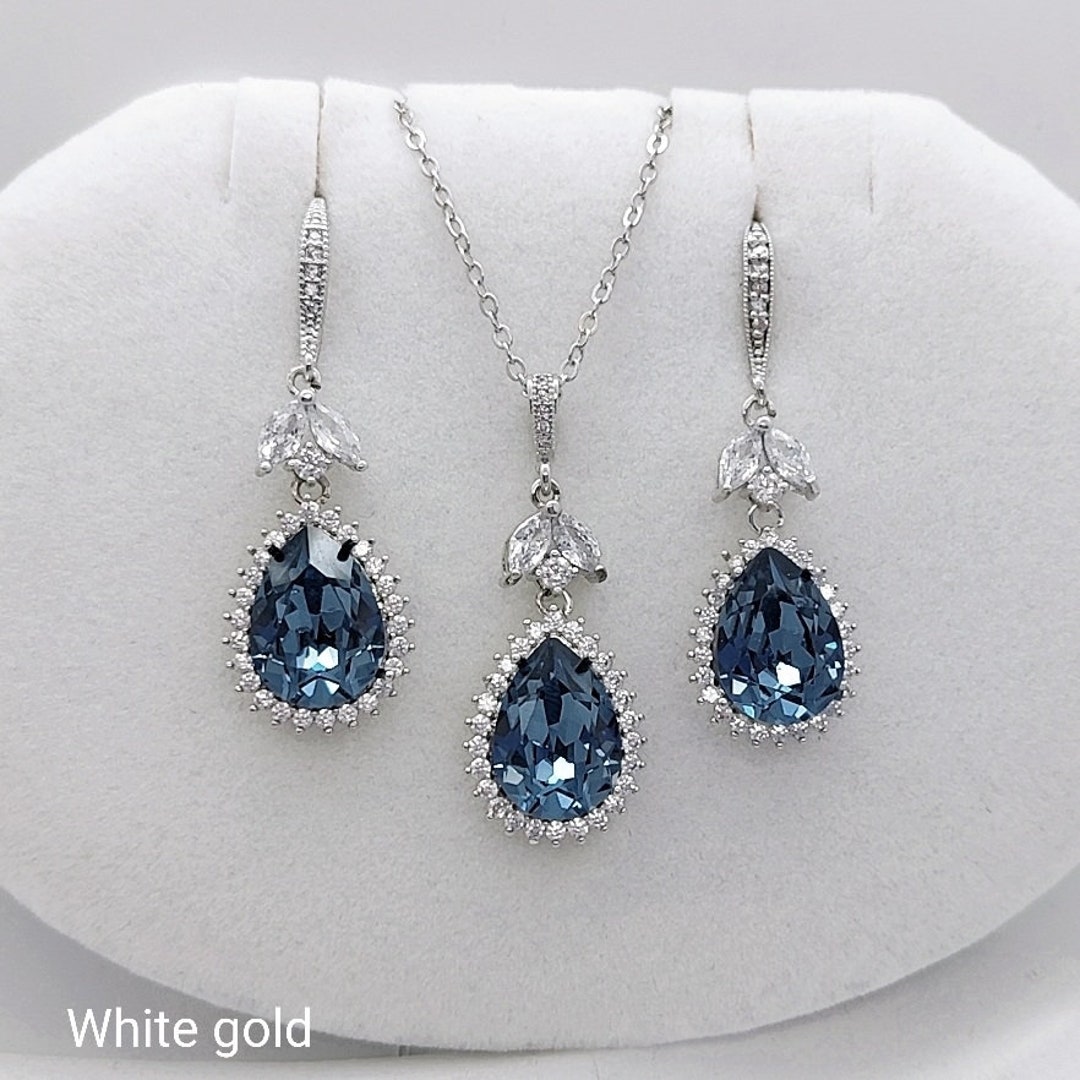 Navy Blue Bridal Jewelry Set Swarovski Denim Blue Tear Drop Wedding ...