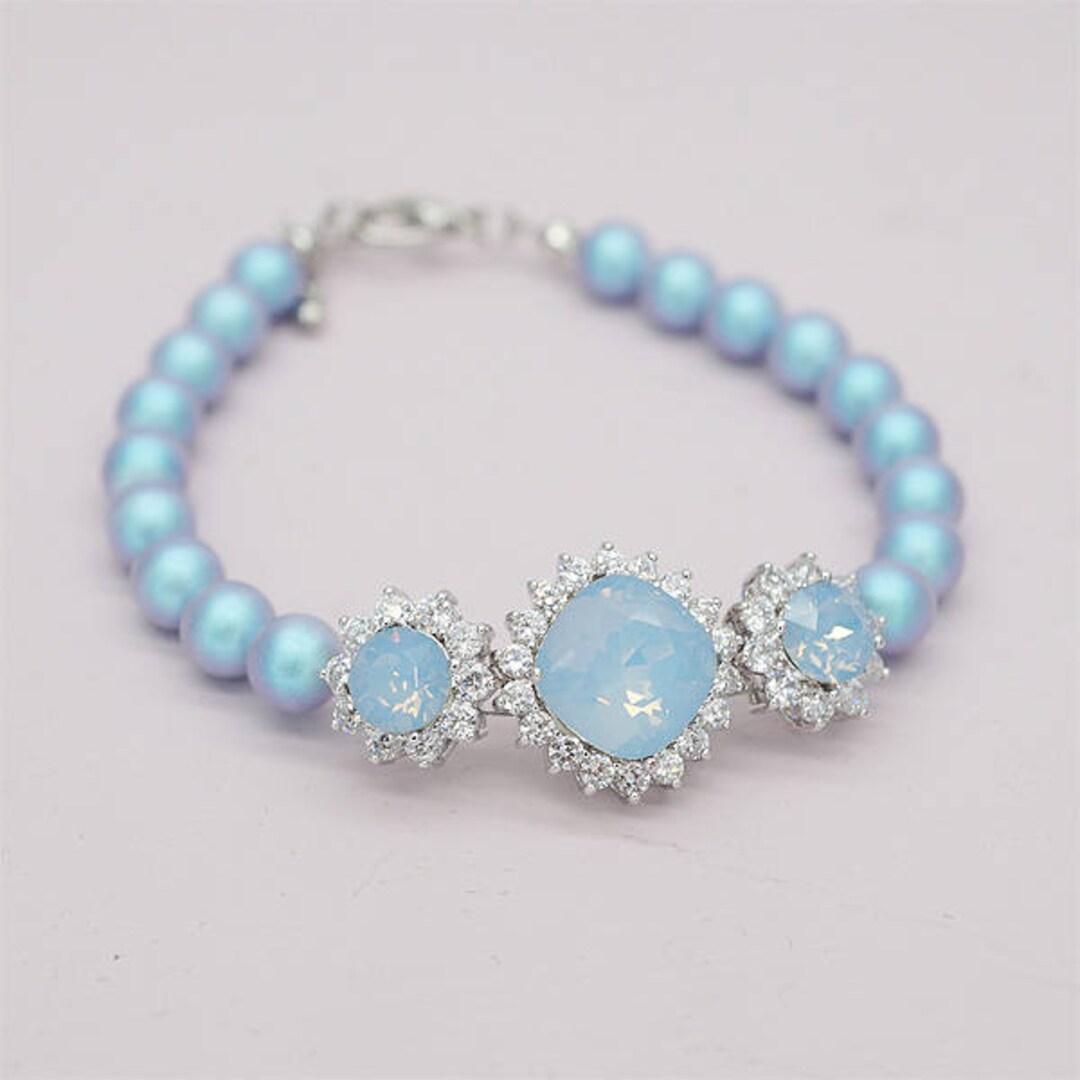 Pulsera de perlas azules, pulsera de novia azul, pulsera de boda de oro ...