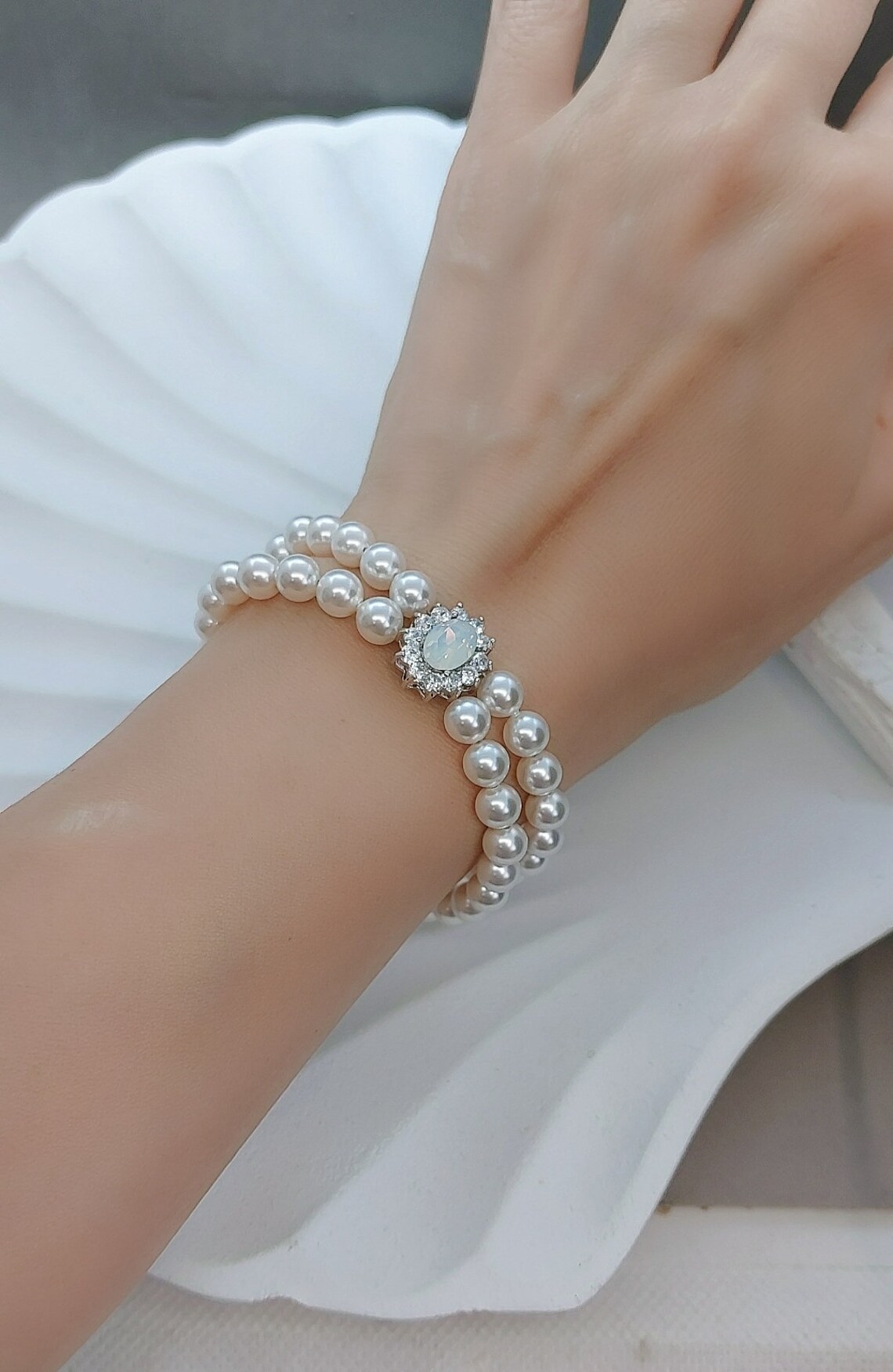 2 Strands Pearl Bridal Bracelet Rose Gold White Opal Wedding Jewelry ...