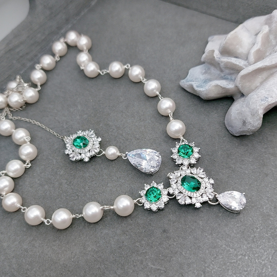 Emerald and Pearl Necklace, Silver Emerald Green Necklace, Emerald ...