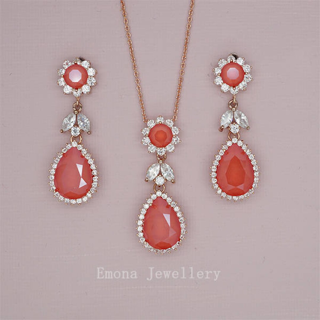 Coral Jewelry Set Coral Wedding Jewelry Set Red Crystal Necklace ...