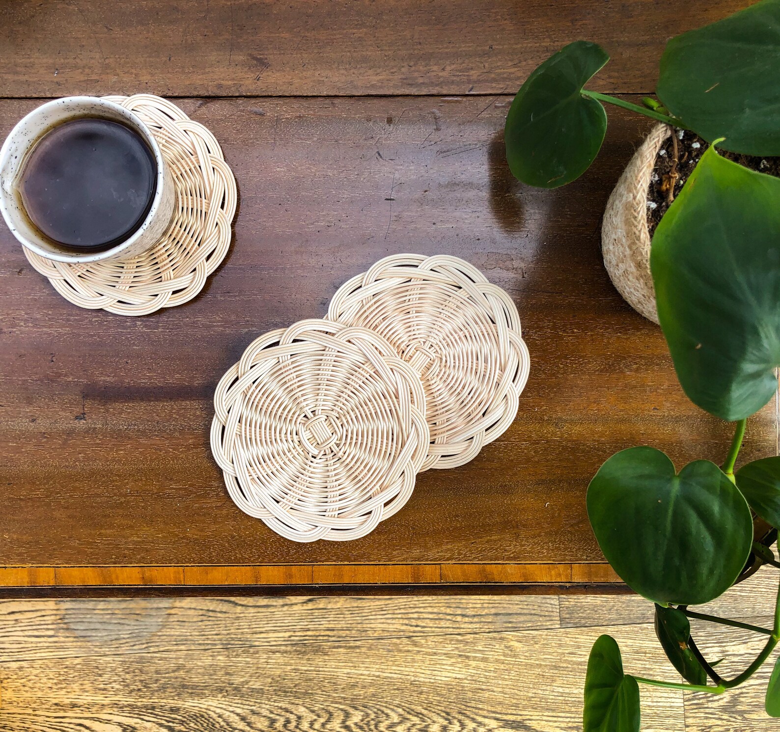 2 Piece Handmade Rattan Tea/coffee Coasters | Wicker Coaster | Boho ...