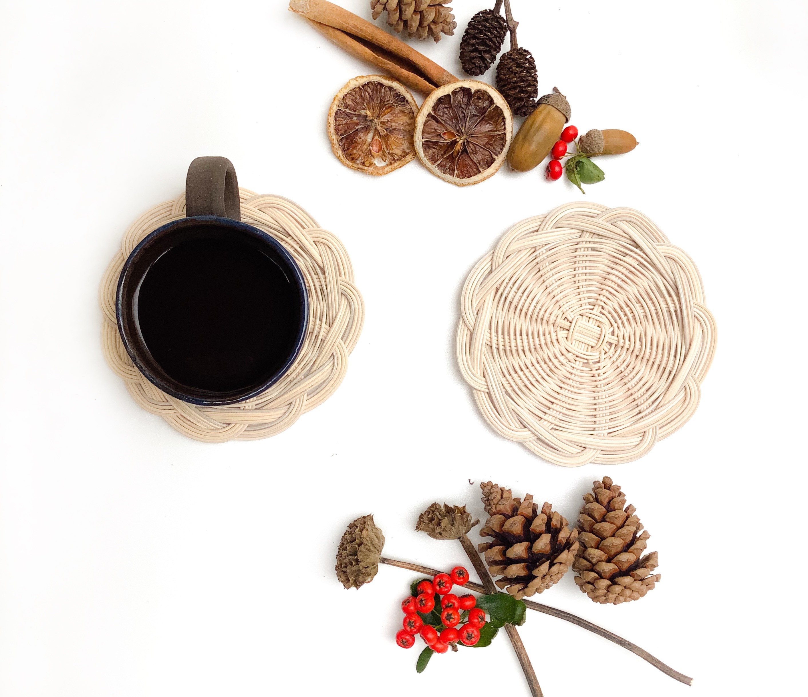 2 Piece Handmade Rattan Tea/coffee Coasters | Wicker Coaster | Boho ...