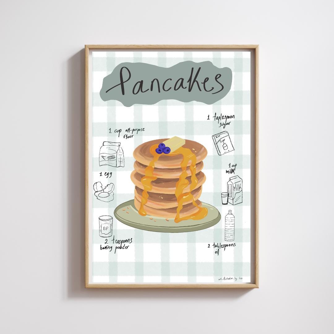Pancakes Recipe Illustration | Pancakes Printable | Bakery Print ...