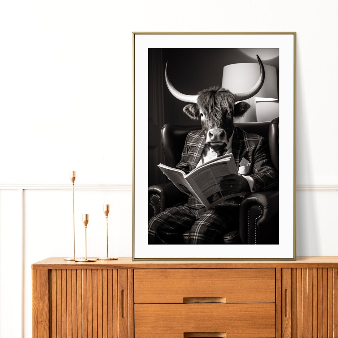 Highland Cow Reading a Newspaper Poster Print, Vintage Animal Wall Art ...