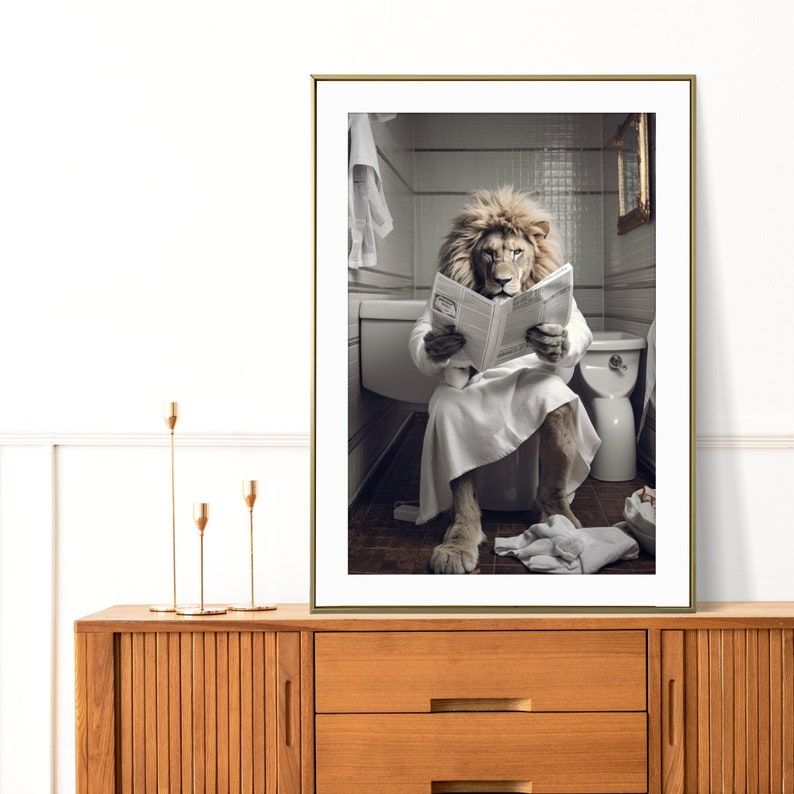 Lion Sitting on Toilet Poster, Funny Bathroom Print, Vintage Animal ...