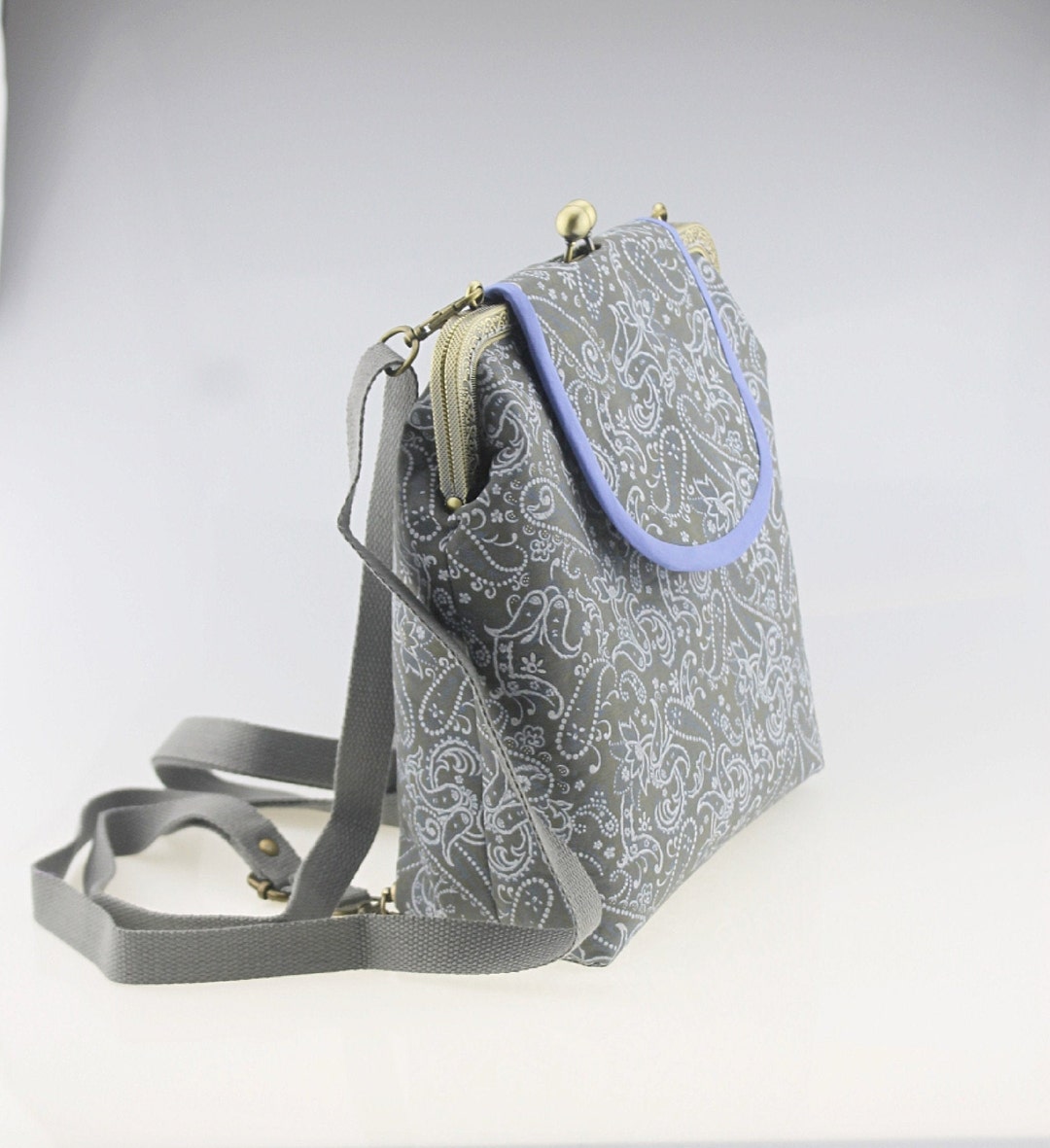 Paisley Print Convertible Grey Kiss Lock Backpack or Shoulder Bag or ...