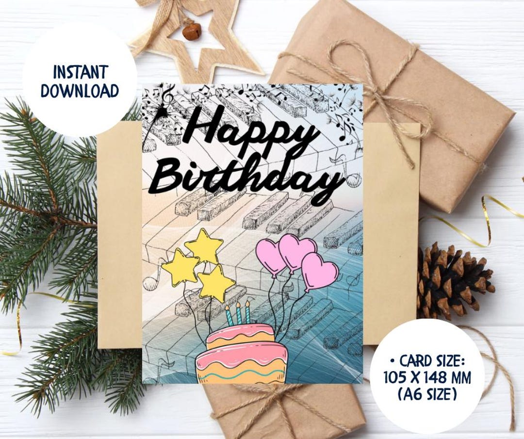 Piano Birthday Card Printable, Digital Music Notes Greeting Card ...