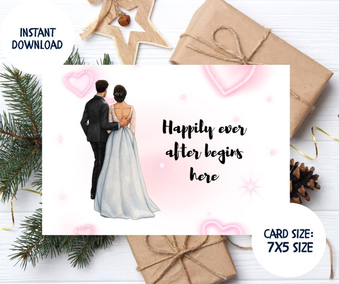 Bride and Groom Wedding Card: Romantic Illustration (7x5, Digital ...