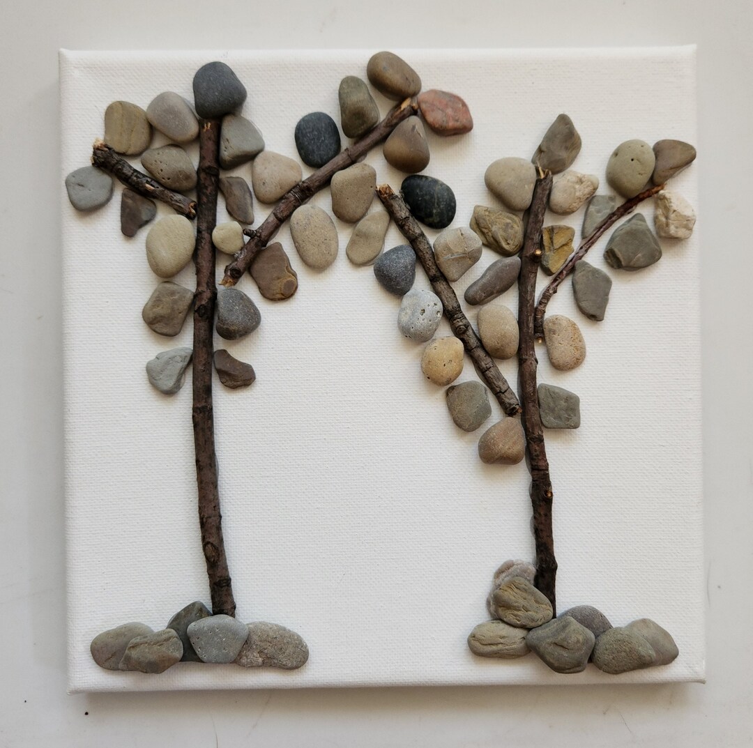Pebble Art Two Trees: Rustic Nature-inspired Rock Art on Canvas - Etsy