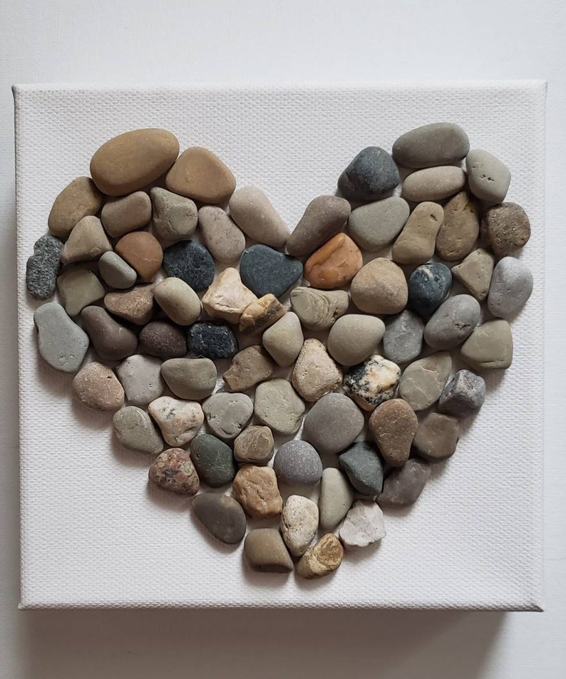 Heart Shaped Pebble Art: Rustic Stone Mosaic, 8x8 Canvas - Etsy
