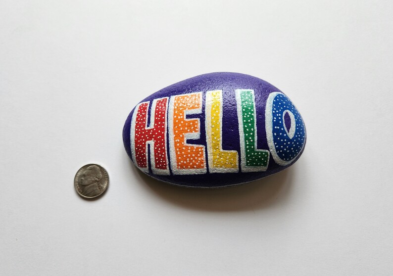 Hello Painted Rock Paperweight: Rainbow Desk Decor - Etsy