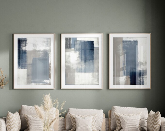 Blue Grey Abstract Set of 3 Prints, Brush Strokes Art Trio, Modern ...