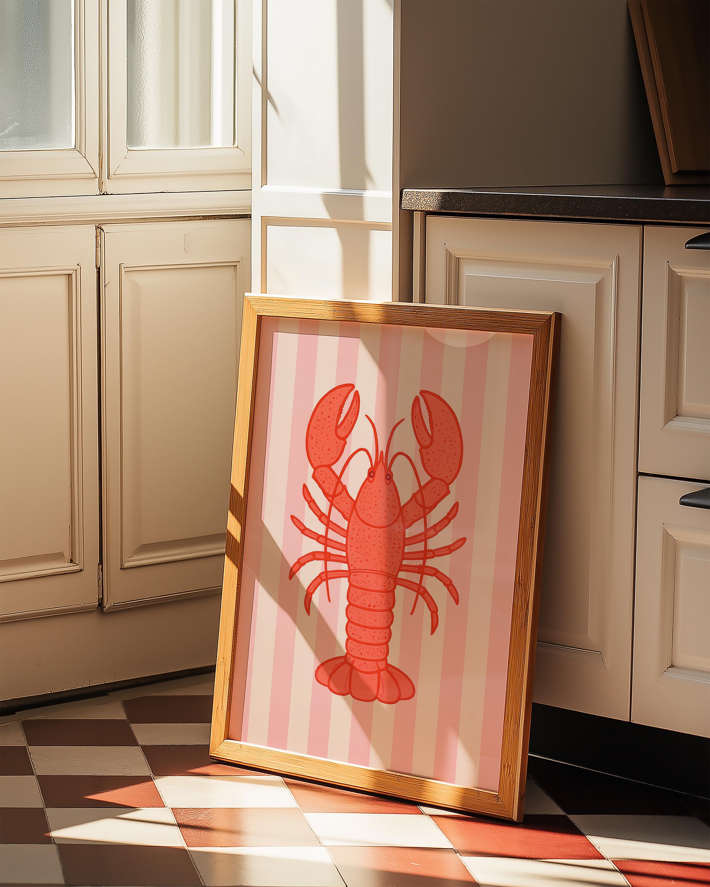 Lobster Art Print, Pink Striped Kitchen Decor, Modern Pop Art ...