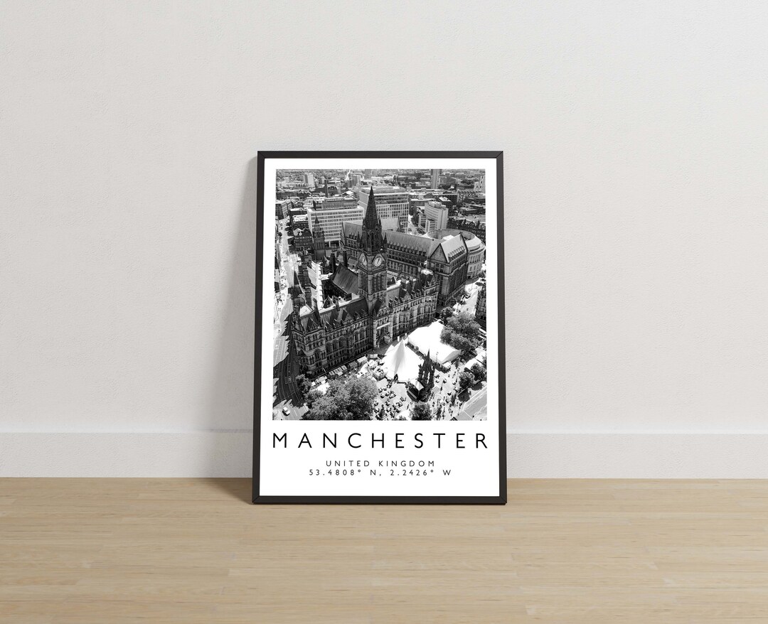 Manchester England UK Travel Print, Black and White Location Poster ...