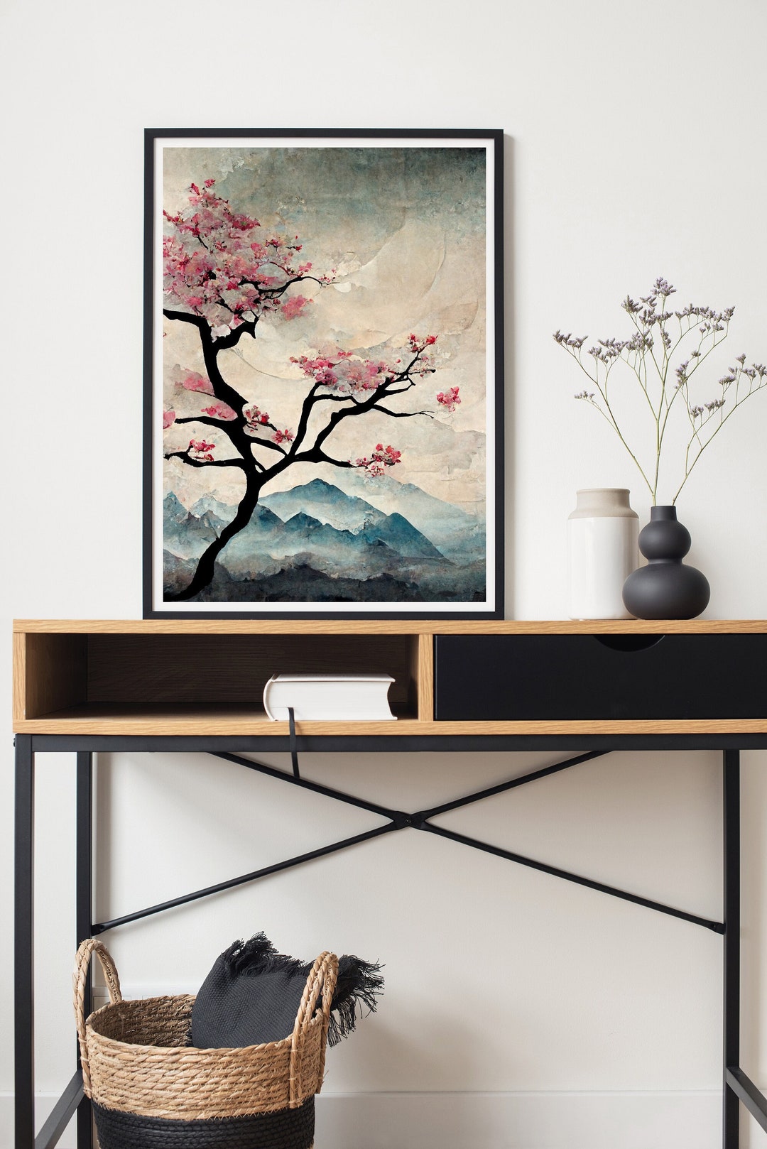 Japanese Style Cherry Blossom Tree Print, Pink Blue Abstract ...