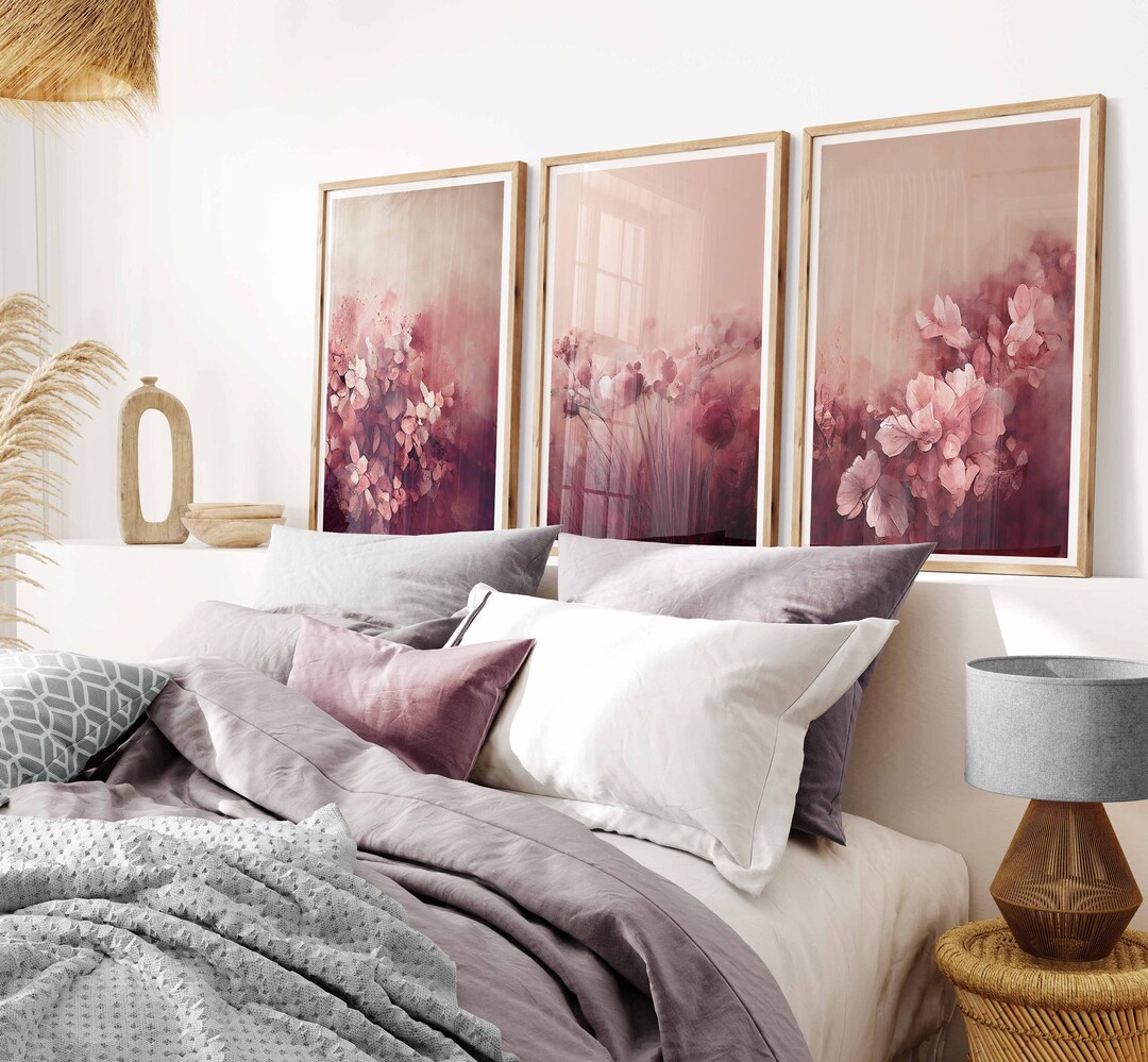 Set of 3 Abstract Burgundy Floral Prints, Rose Botanical Wall Art ...