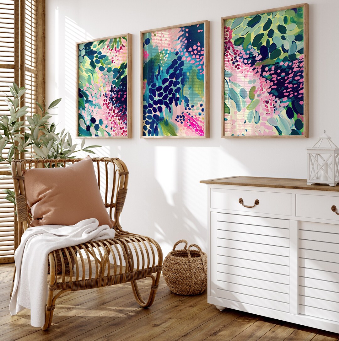 Set of 3 Pink Blue Abstract Prints, Vibrant Boho Art Trio, Brush Stroke ...