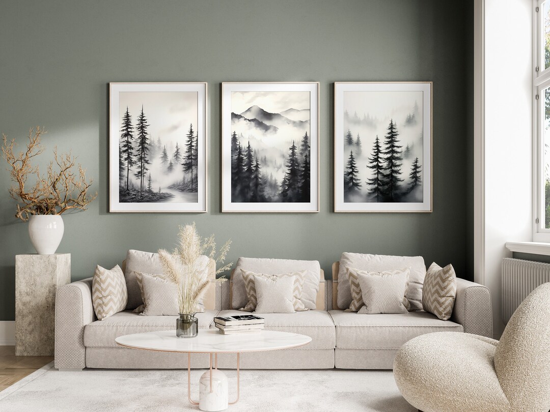 Black Cream Landscape Set of 3 Prints, Greyscale Watercolour Prints ...