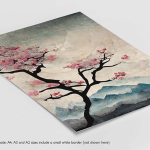 Japanese Style Cherry Blossom Tree Print, Pink Blue Abstract ...