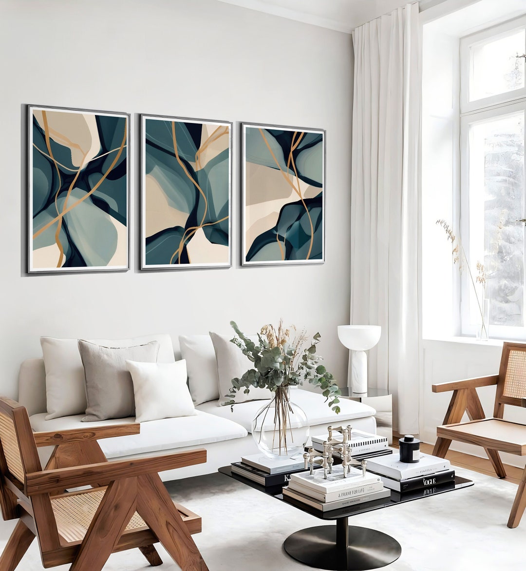 Set of 3 Abstract Teal Beige Prints, Set of 3 Block Colour Prints ...