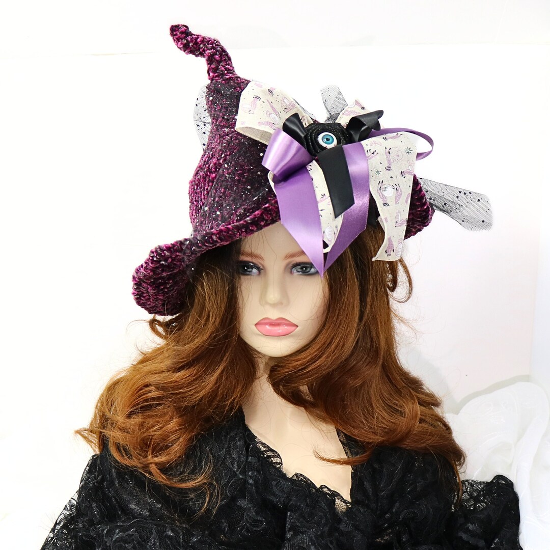 Velvet Witch Hat With Spooky Eye, Removable Big Bow Witch Hat, Crooked ...