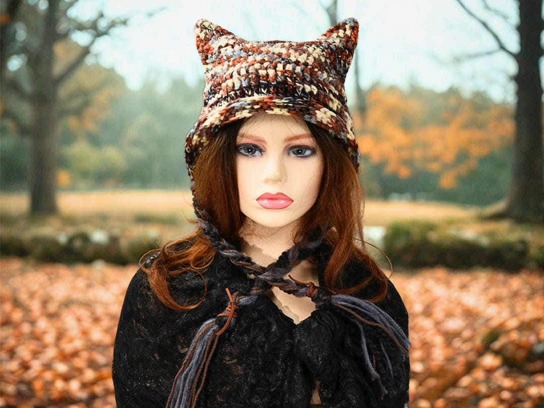 Calico Brown Cat Hat, Long Braid Ties, Witchy Hood Style, Goth Winter ...