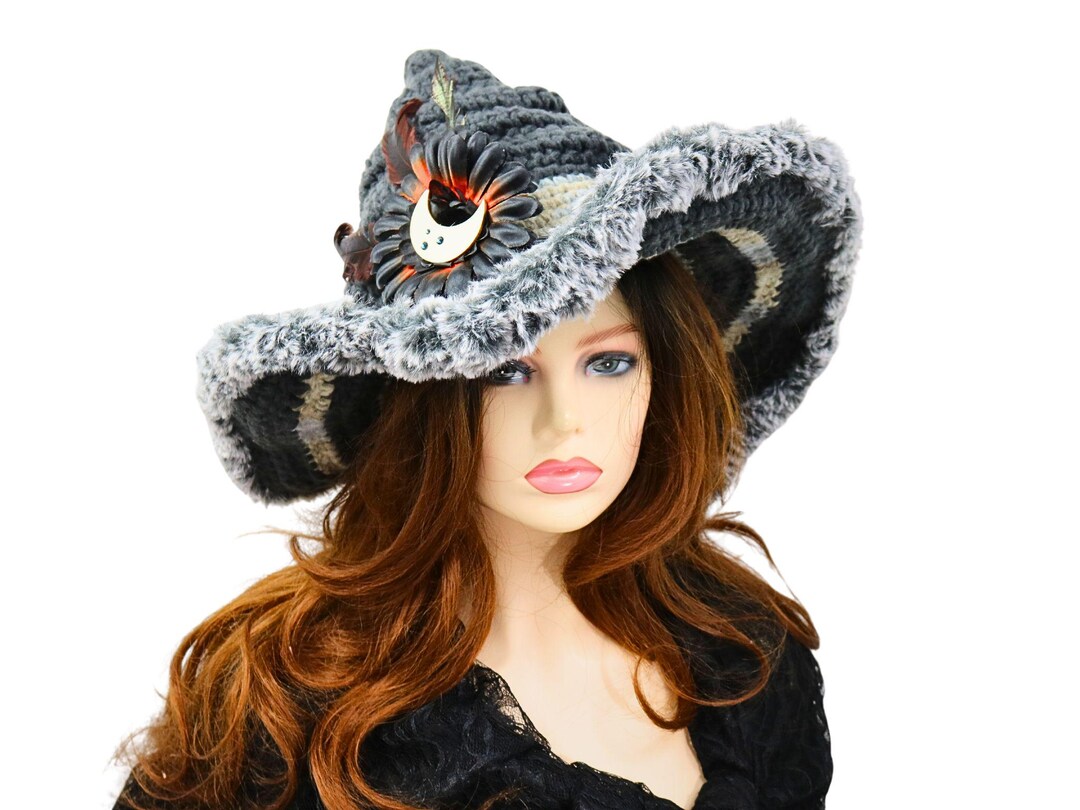 Winter Fur Trim Witch Hat, Winter Celestial Forest Witch Hat, Christmas ...