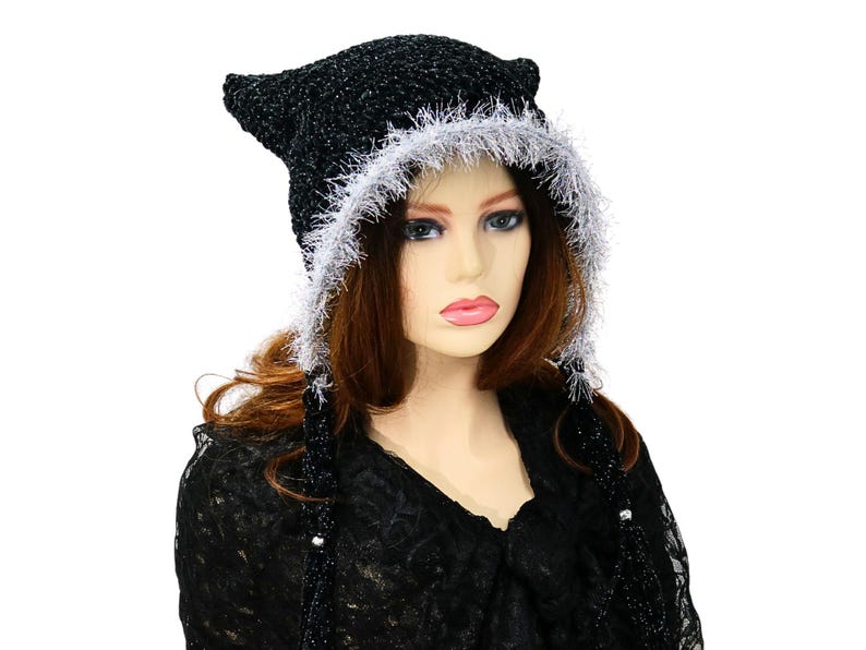 Velvet Cat Beanie Hood, Beaded Braids, Ears, Goth Dog Walker Hat ...