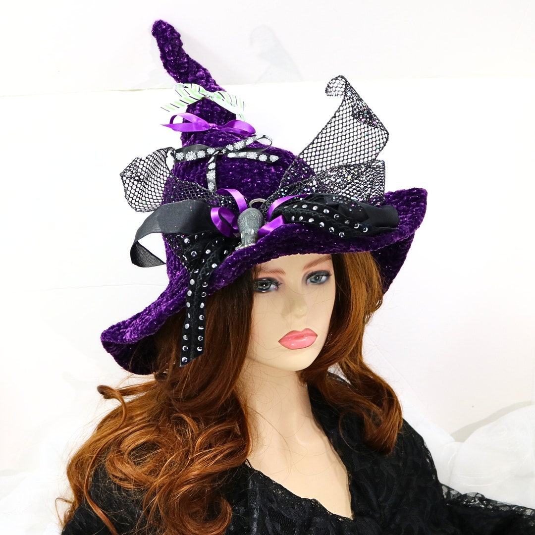 Festive Crooked Witch Hat, Creepy Elegance, Rat and Big Bow Witch Costume Hat, Fun Halloween ...