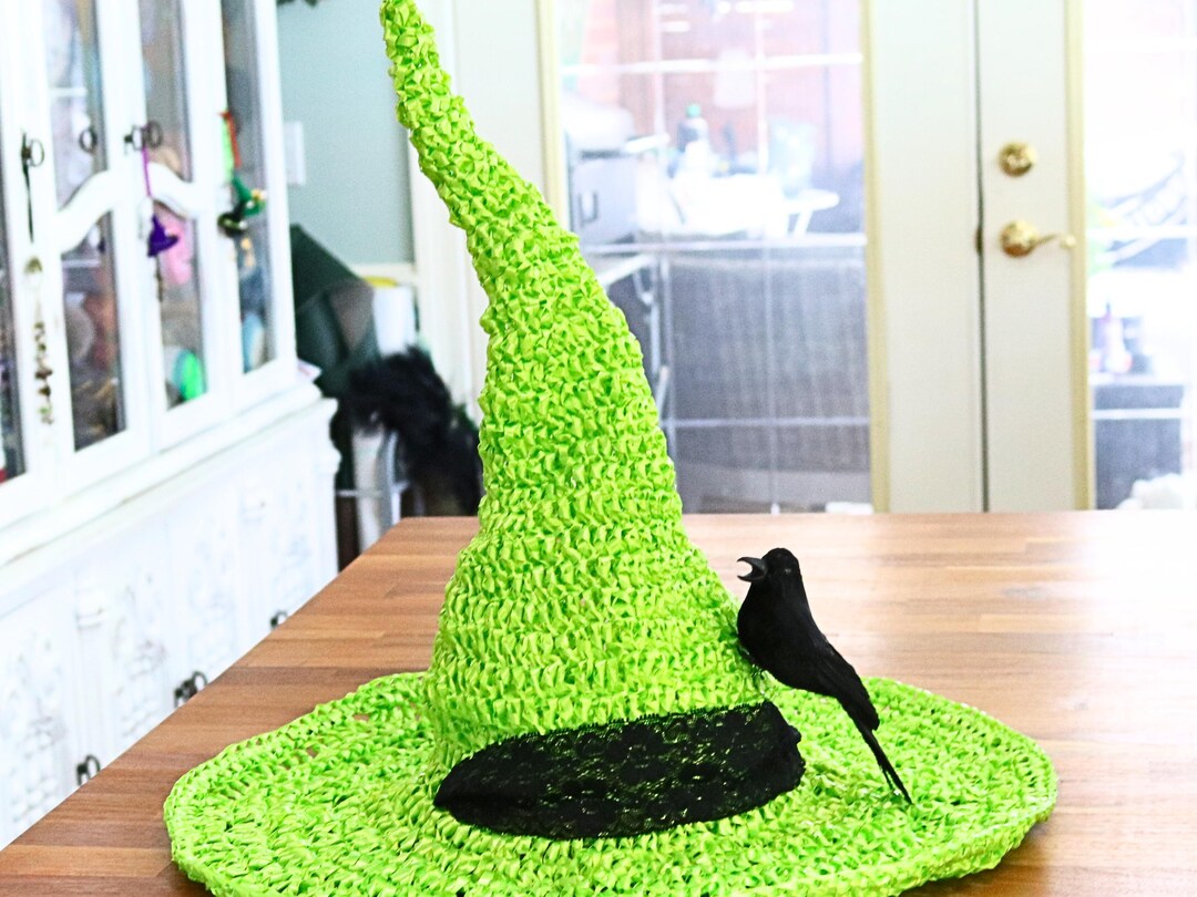 Tall Summer Witch Hat, Bird Crow Familiar, Extra Wide Brim, Lace Ties ...