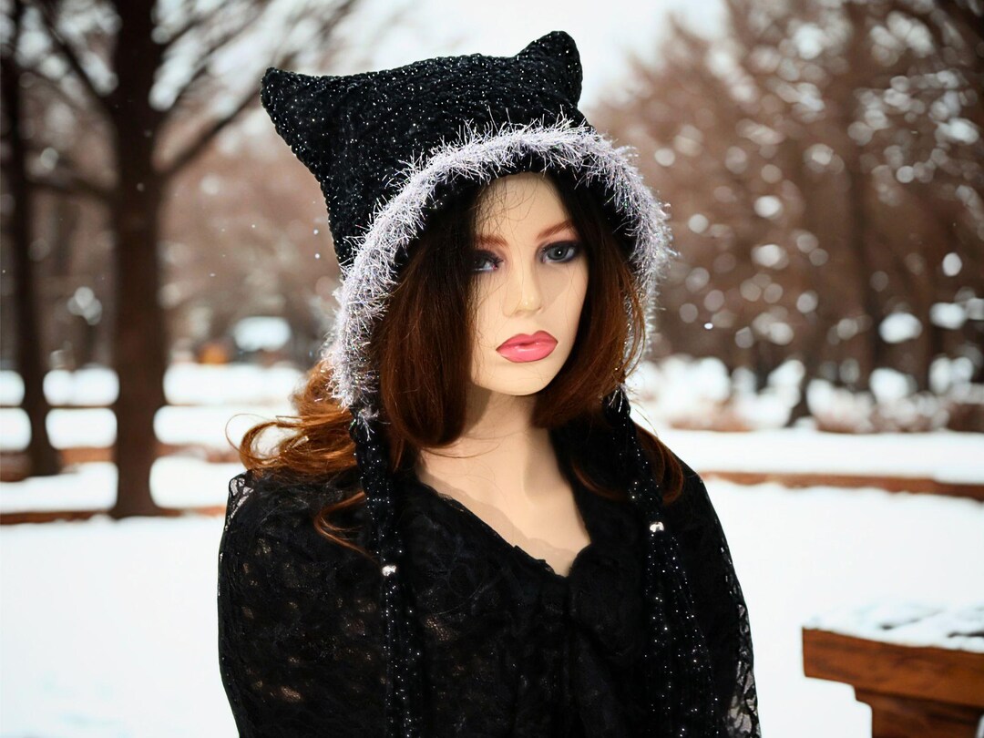 Velvet Cat Beanie Hood, Beaded Braids, Ears, Goth Dog Walker Hat ...
