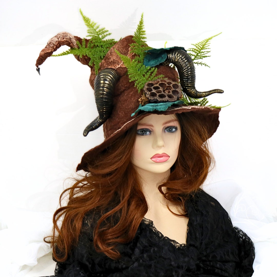 Petrified Forest Goddess Witch Hat, Curled Horns Felt Witch Costume Hat ...