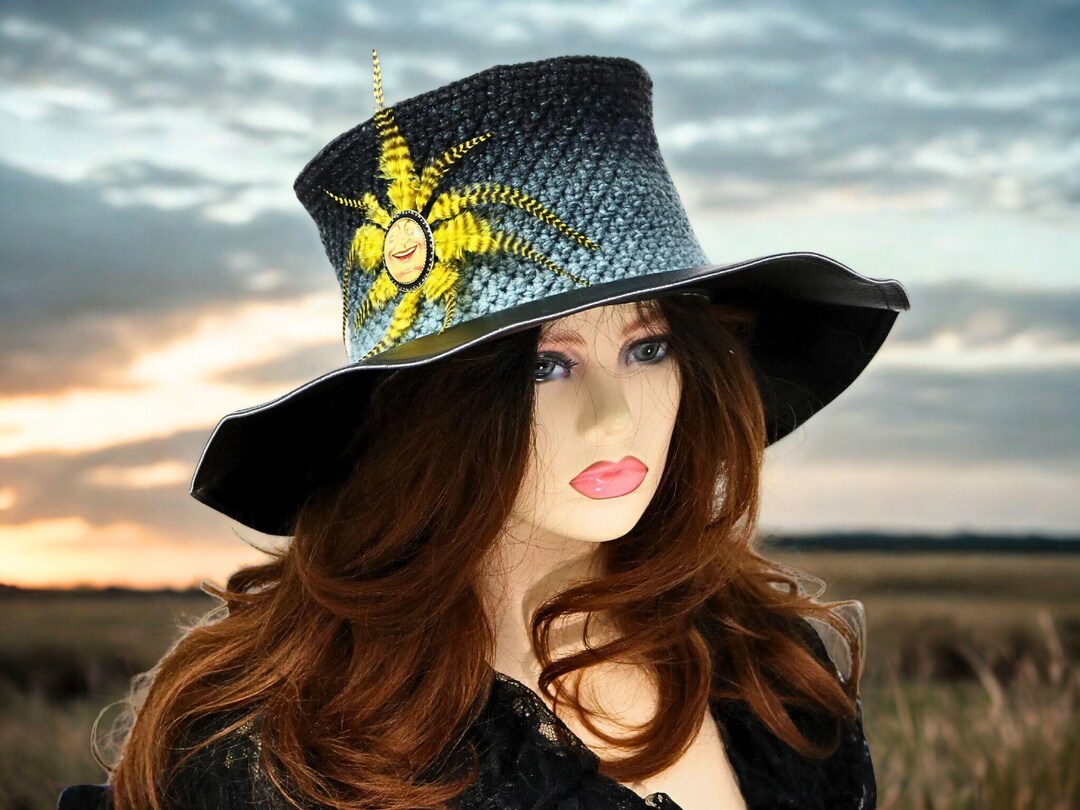 Wide Brim Top Hat, Celestial Sun Witch Wizard, Black Fade Color ...