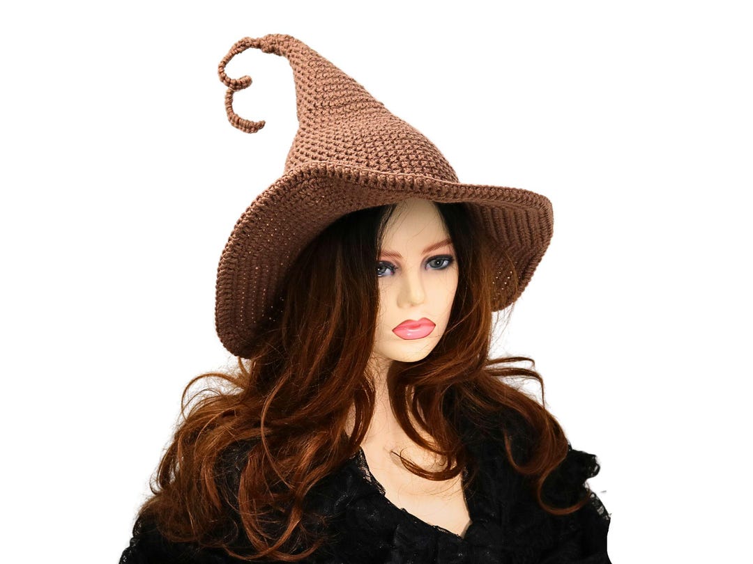 Tall Twisty Salem Witch Hat, Curled Twisted Tip, Wide Brim Brown Wizard Hat, Victorian Fairy ...