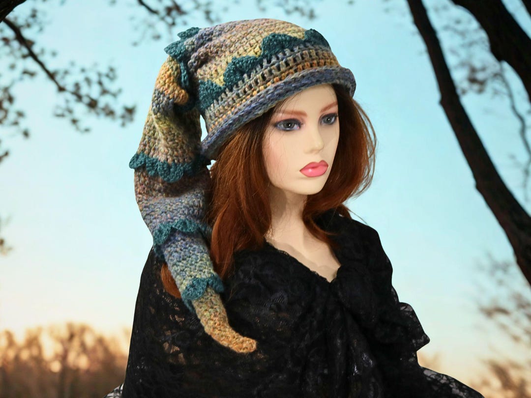 Slouchy Dragon Tail Hat, Green Scale Trim, Forest Druid Witch Fae ...