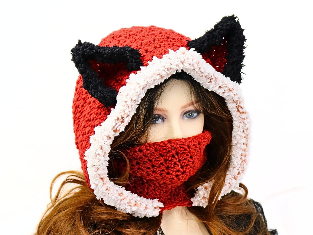 Winter Hood With Fox Ears, Turtleneck Fox Hood With Fur Trim, Soft Warm ...