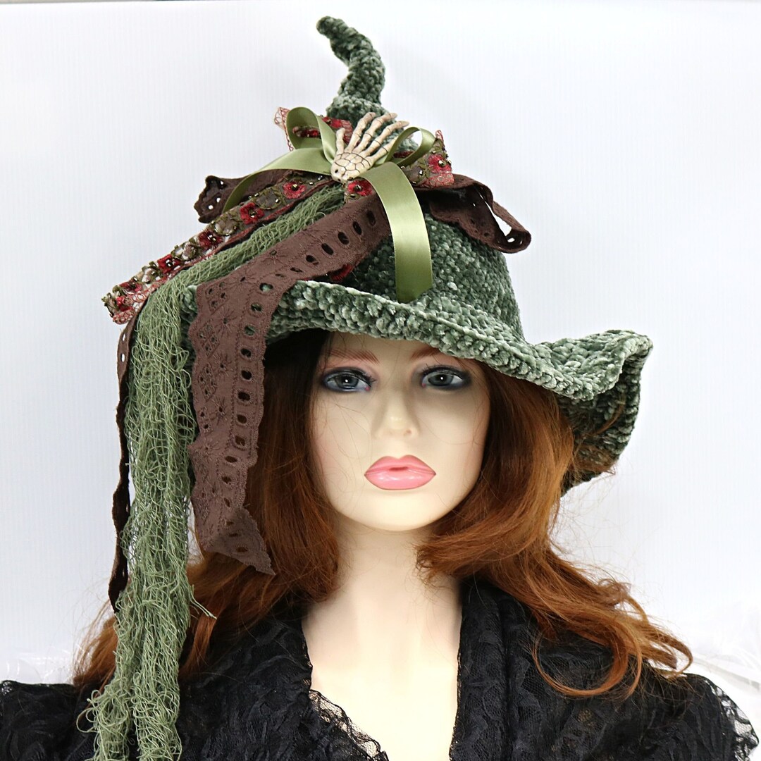 Creepy Velvet Swamp Witch Hat, Witch Costume Hat, Halloween Green ...
