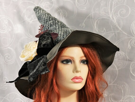 Salem Ritz Sparkle Gray Velvet Witch Hat Crochet and Leather - Etsy