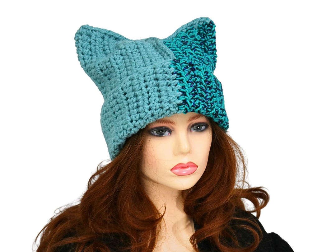 Cat Ear Beanie, Fun Winter Chunky Animal Ear Hat, Split Color, Teal ...