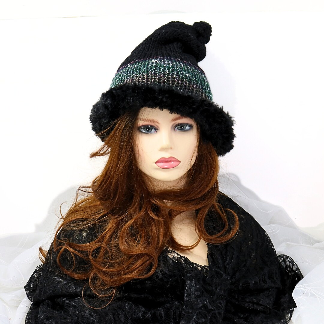 Fur Brim Black Witch Beanie, Green and Black Knit Witchy Hat, Winter ...