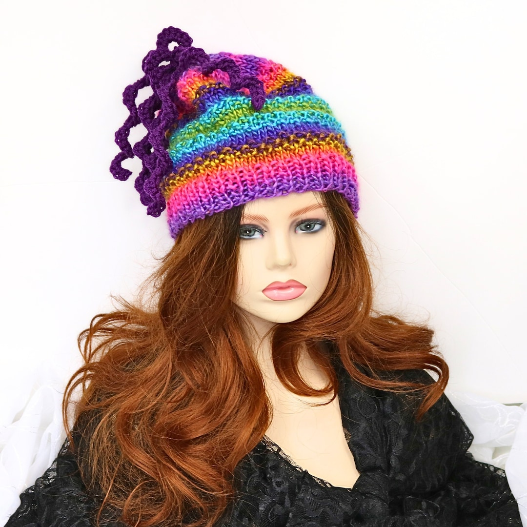 Rainbow Striped Winter Hat, Fun Toboggan Beanie, Slouchy Vibrant Snow ...