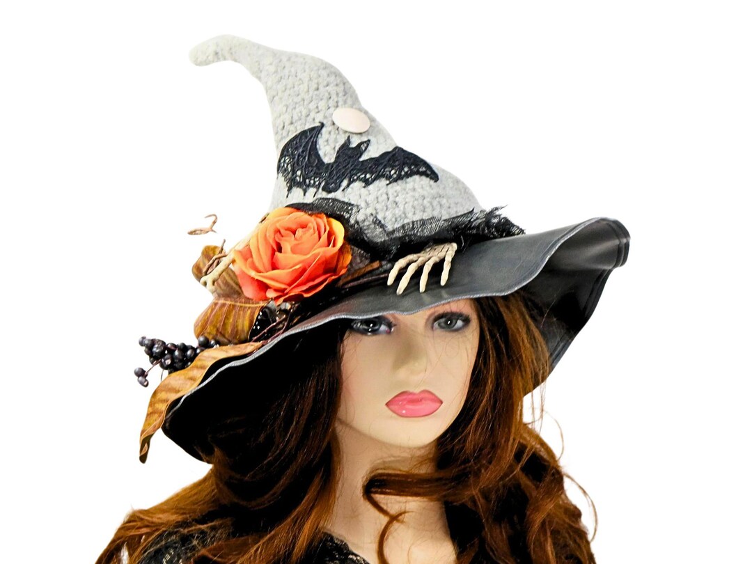 Lace Bat and Bone Witch Hat, Full Moon Night Witch Hat, Felted Tall ...