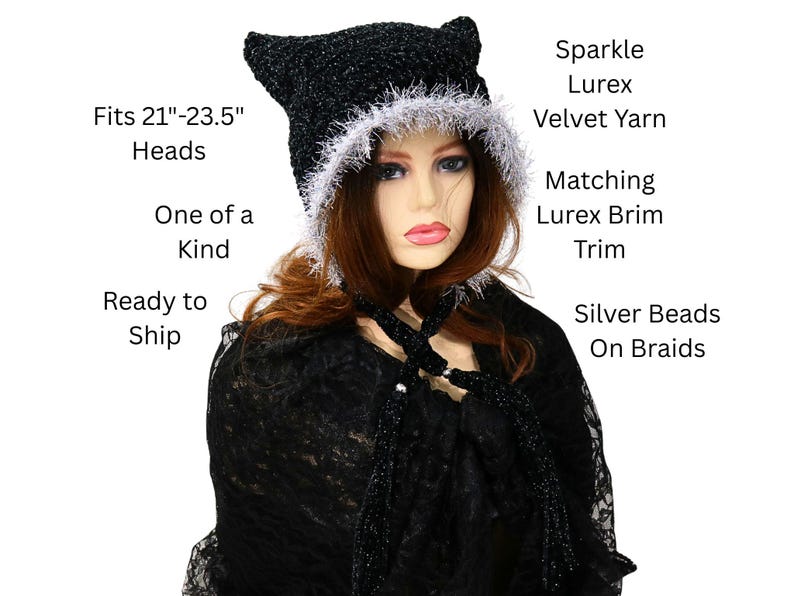 Velvet Cat Beanie Hood, Beaded Braids, Ears, Goth Dog Walker Hat ...