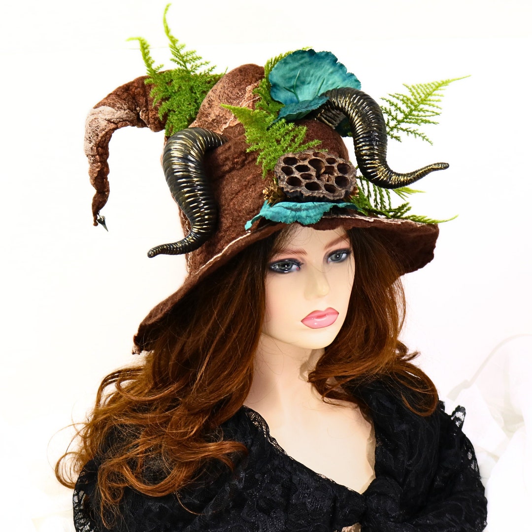 Horned Goddess Hat, Forest Druid, Handmade Felt Witch Hat, Wild ...