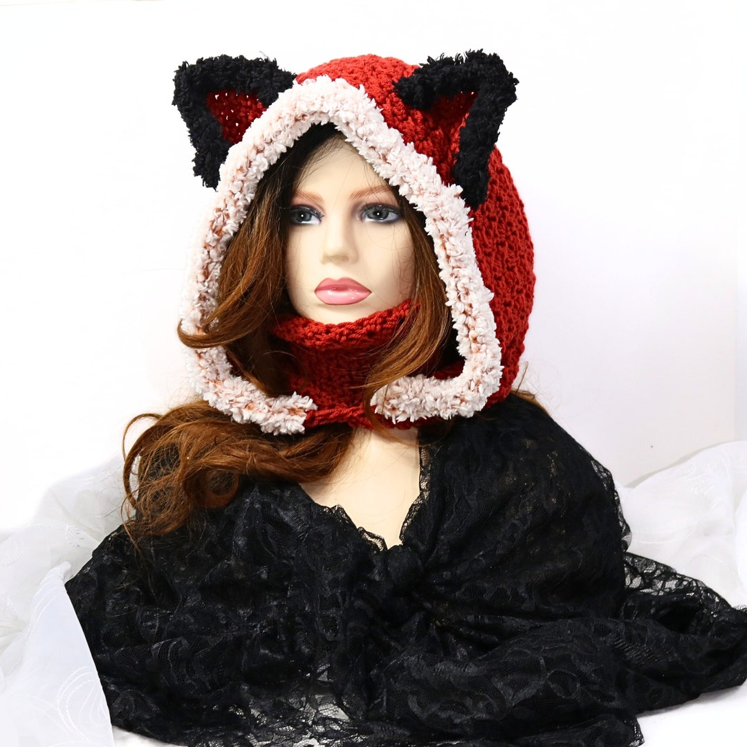 Red Orange Fox Hood, Fur Trim Turtleneck Fox Hood, Black Ear Tip Red ...