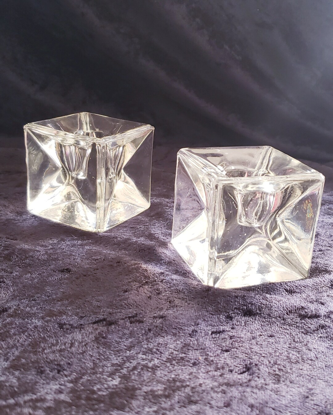 Set of 2 Knobler Handblown Geometry Ice Cube Concave Glass Taper Candle ...