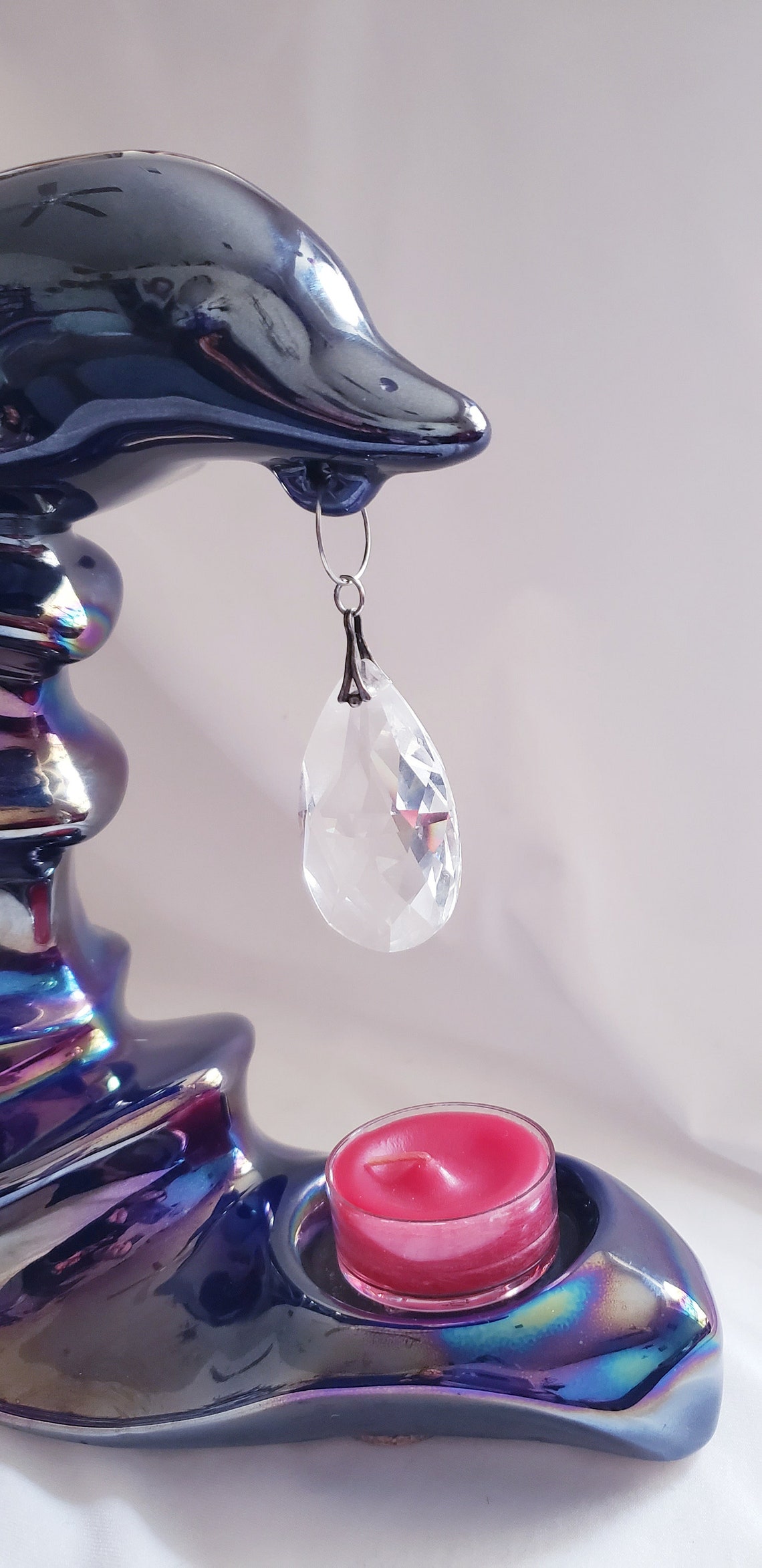 Vintage Oil Slick Blue Black Iridescent Dolphin Crystal Candle Holder ...