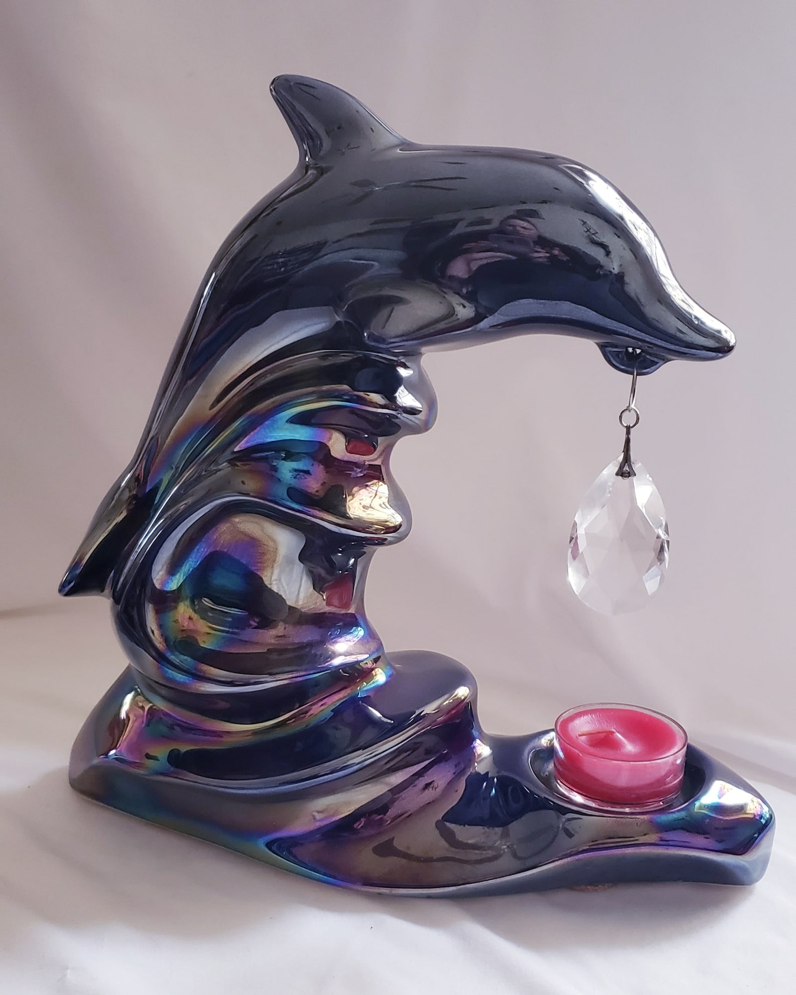 Vintage Oil Slick Blue Black Iridescent Dolphin Crystal Candle Holder ...