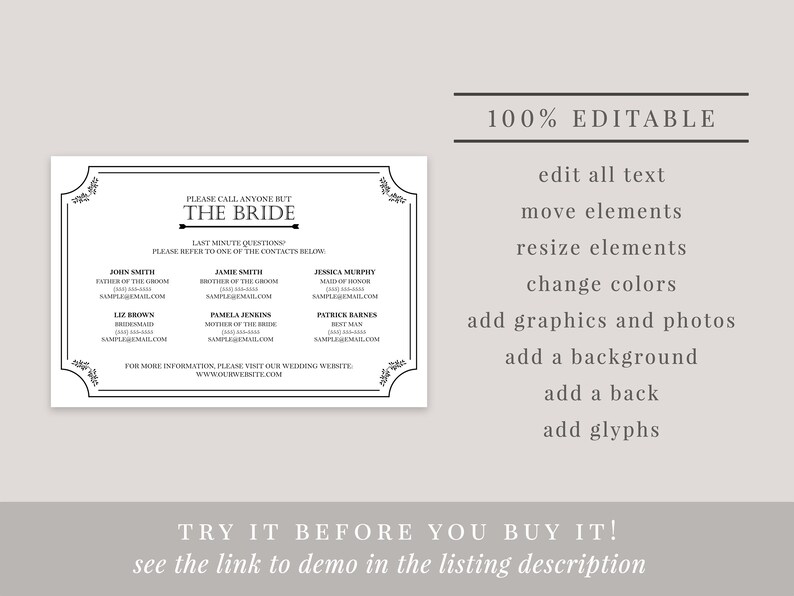 Call Anyone but the Bride Card, Wedding Phone Number Contact Card ...